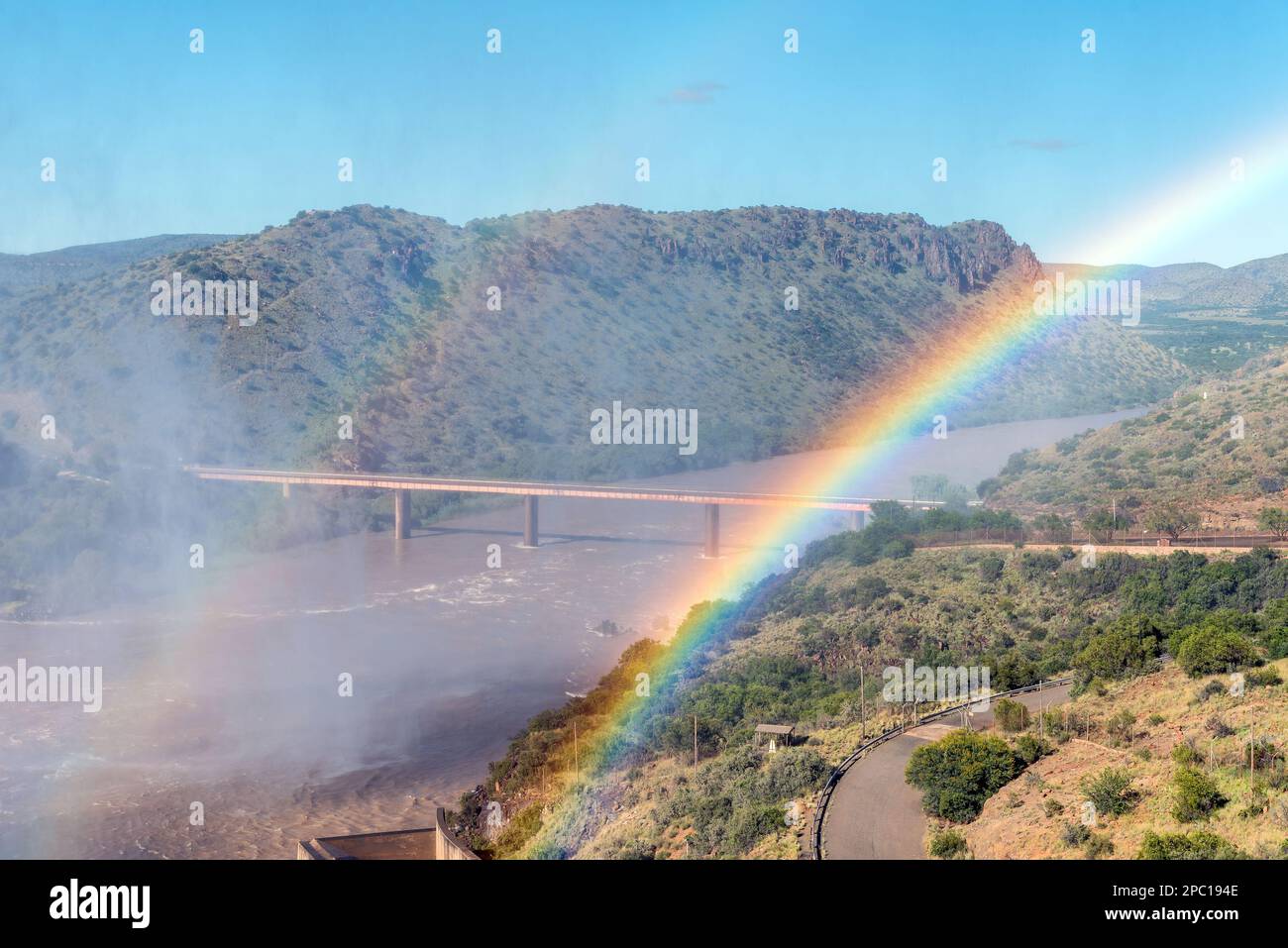The single lane road bridge over the Orange River below the Gariep Dam ...
