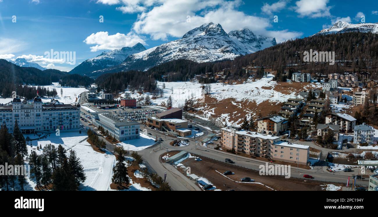 Aerial winter view of the worldwide famous ski resort of St. Moritz ...