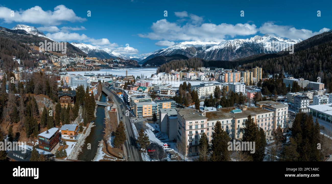 Aerial winter view of the worldwide famous ski resort of St. Moritz ...