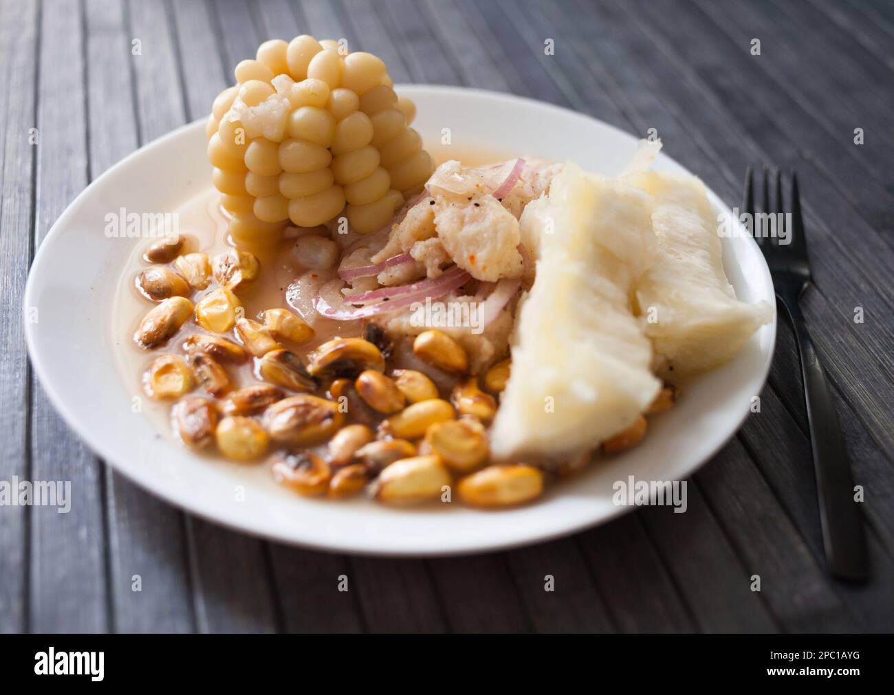 Peruvian traditional dish.fish ceviche with yuka and corn Stock Photo ...