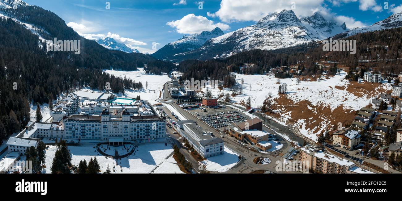 Aerial winter view of the worldwide famous ski resort of St. Moritz ...