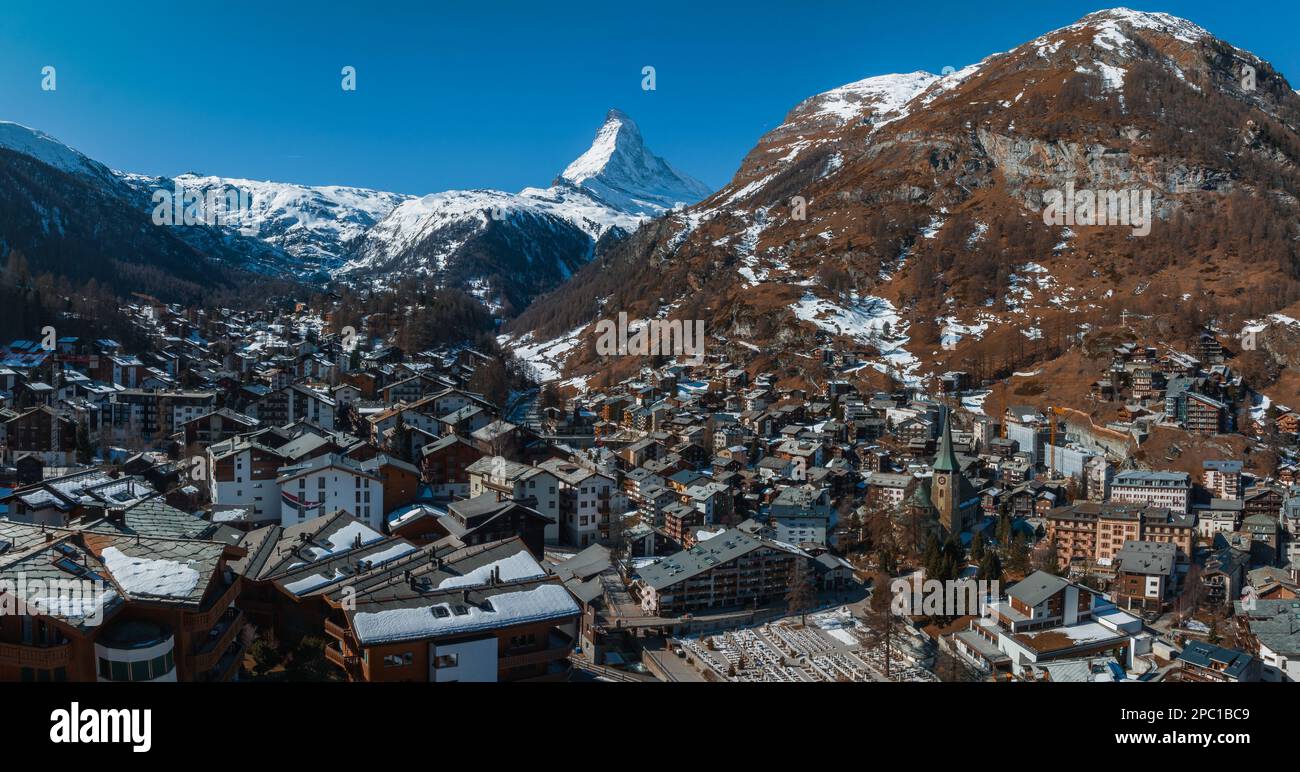 Aerial view on Zermatt Valley town and Matterhorn Peak in the ...