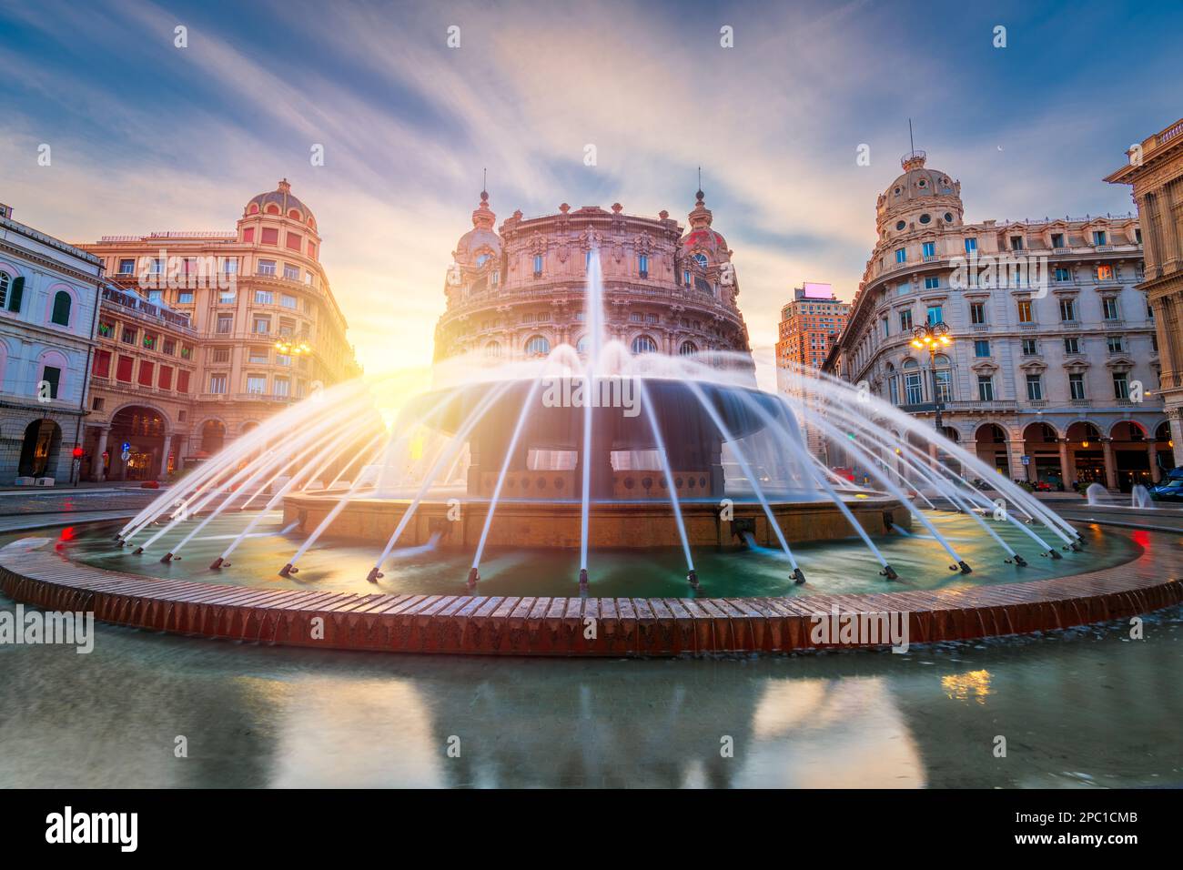 Genoa, Italy at the piazza and fountain in the morning Stock Photo - Alamy