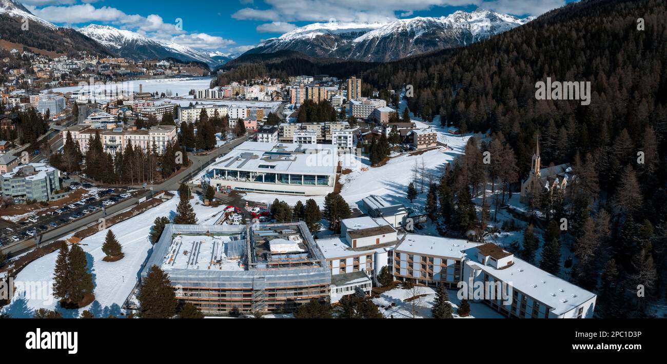 Aerial winter view of the worldwide famous ski resort of St. Moritz ...