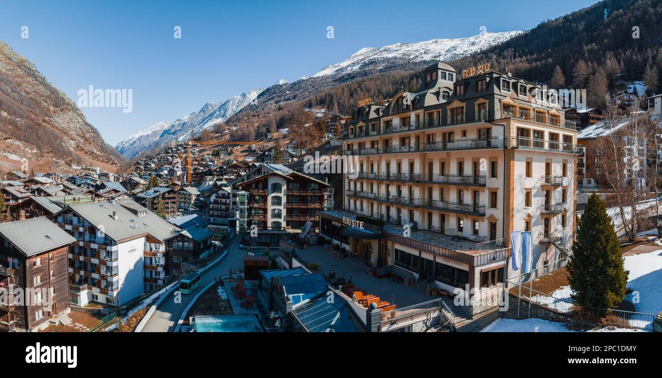 Aerial view on Zermatt Valley town and Matterhorn Peak in the ...