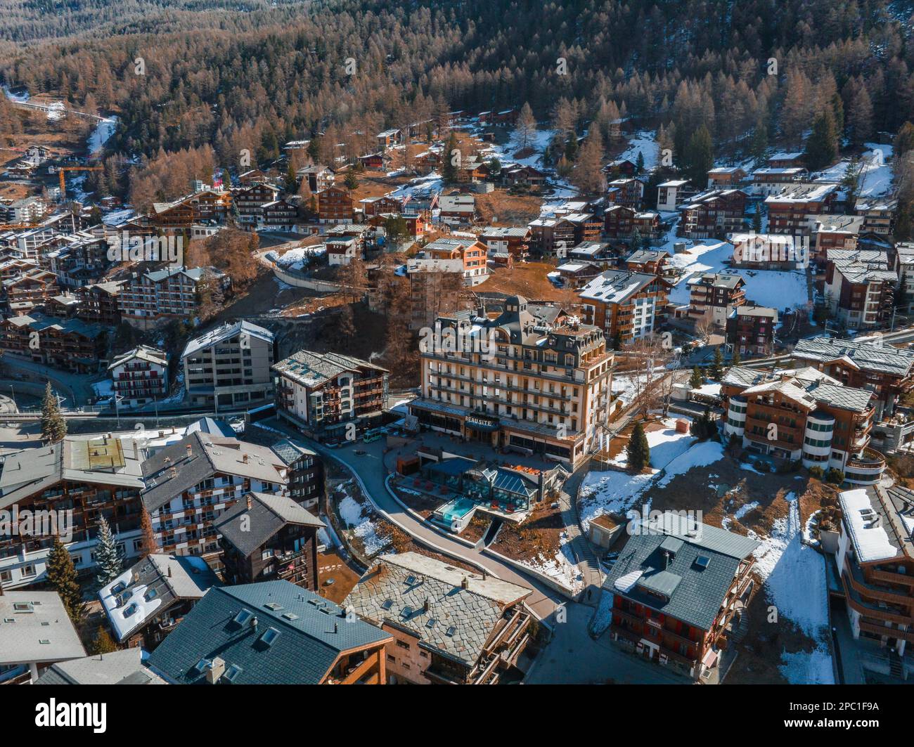 Aerial view on Zermatt Valley town and Matterhorn Peak in the ...