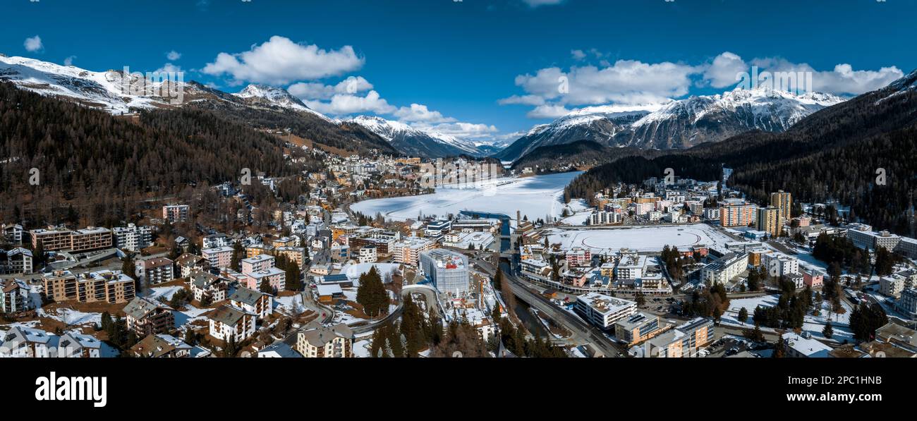 Aerial winter view of the worldwide famous ski resort of St. Moritz ...