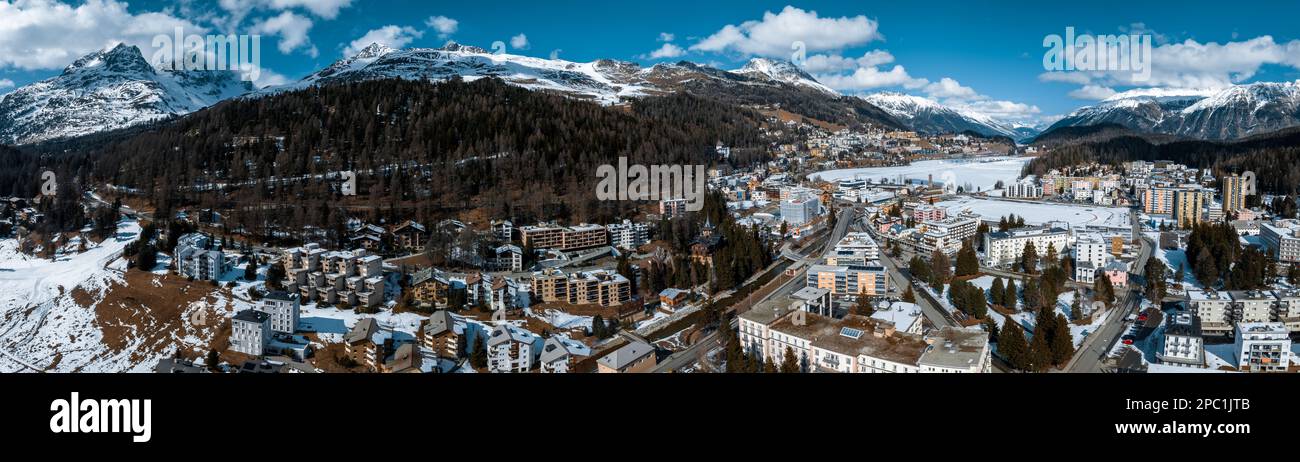 Aerial winter view of the worldwide famous ski resort of St. Moritz ...