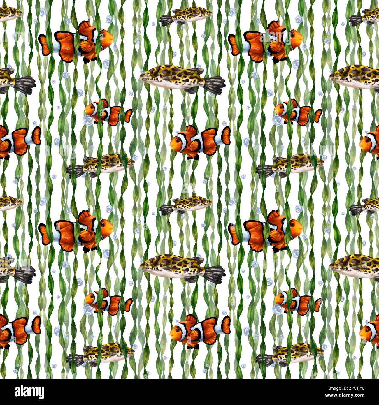 Seamless pattern with colorful tropical clown fish, leopard fish and ...