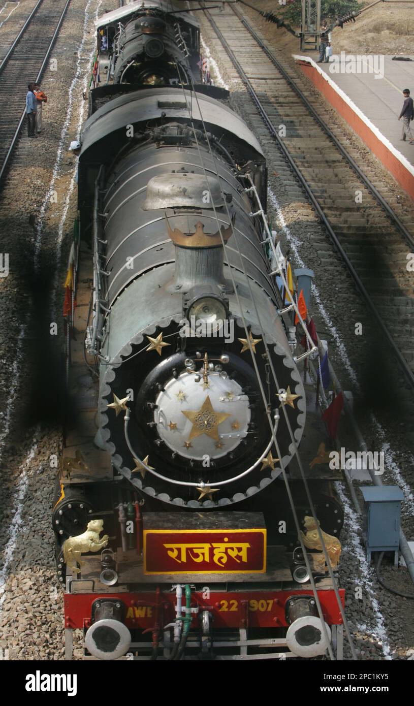 The Rajhans, or Royal Swan, steam engine rolls into a platform during a ...