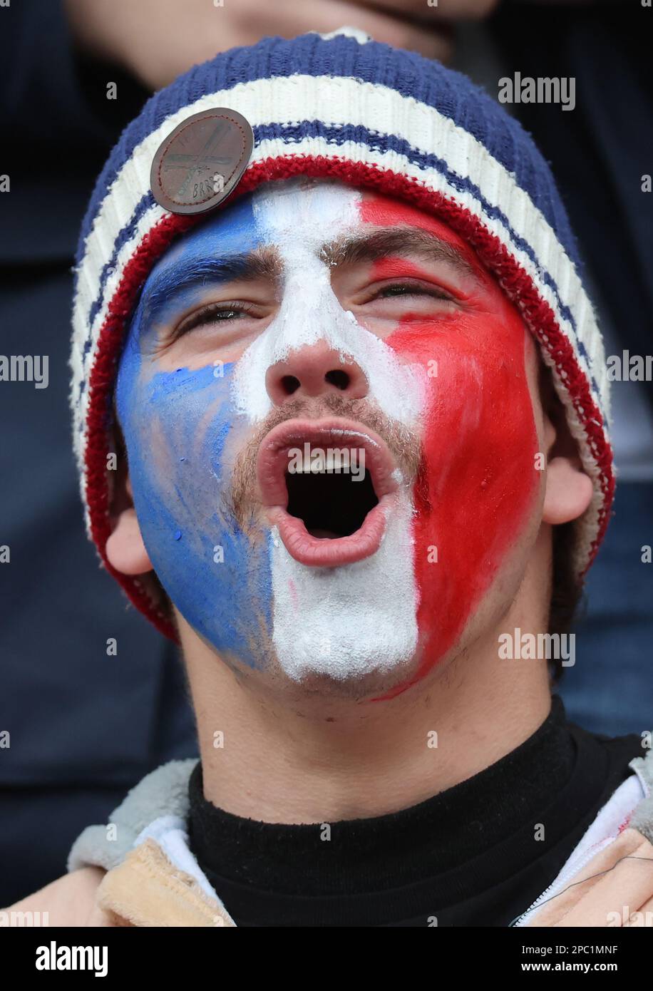 France fan singing the National Anthem during the 2023 Six Nations ...