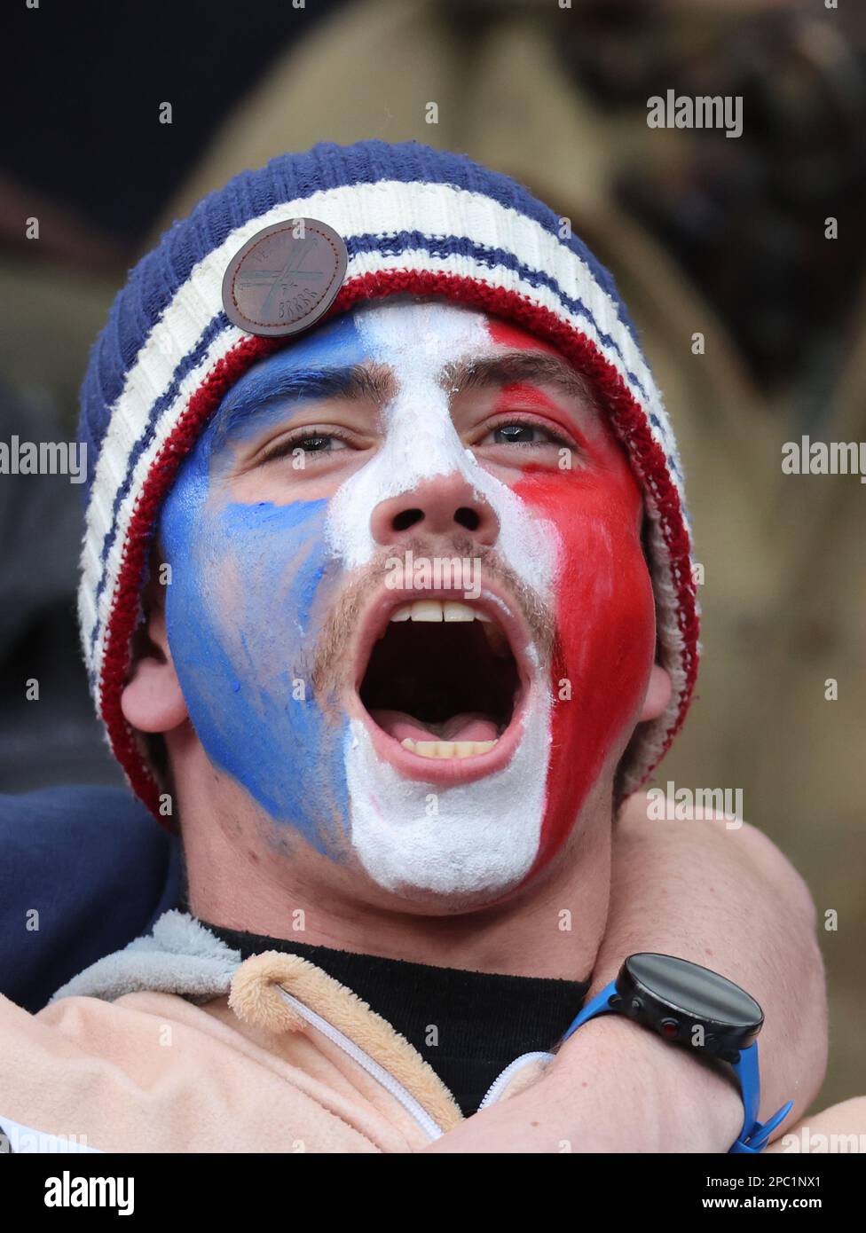 France fan singing the National Anthem during the 2023 Six Nations ...