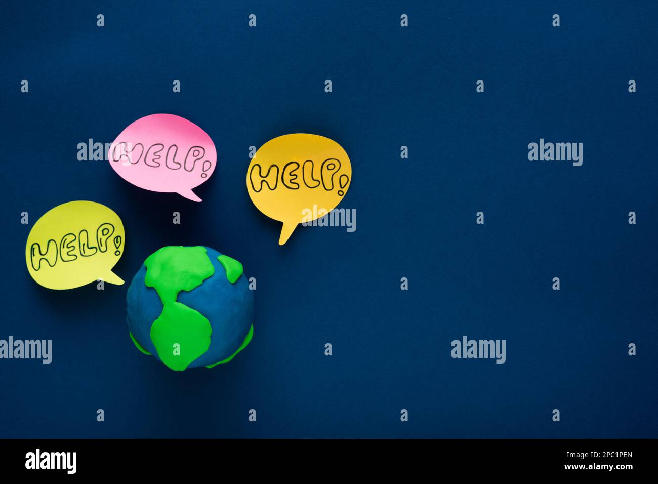 Earth Day. Globe on blue background with three HELP messages in ...