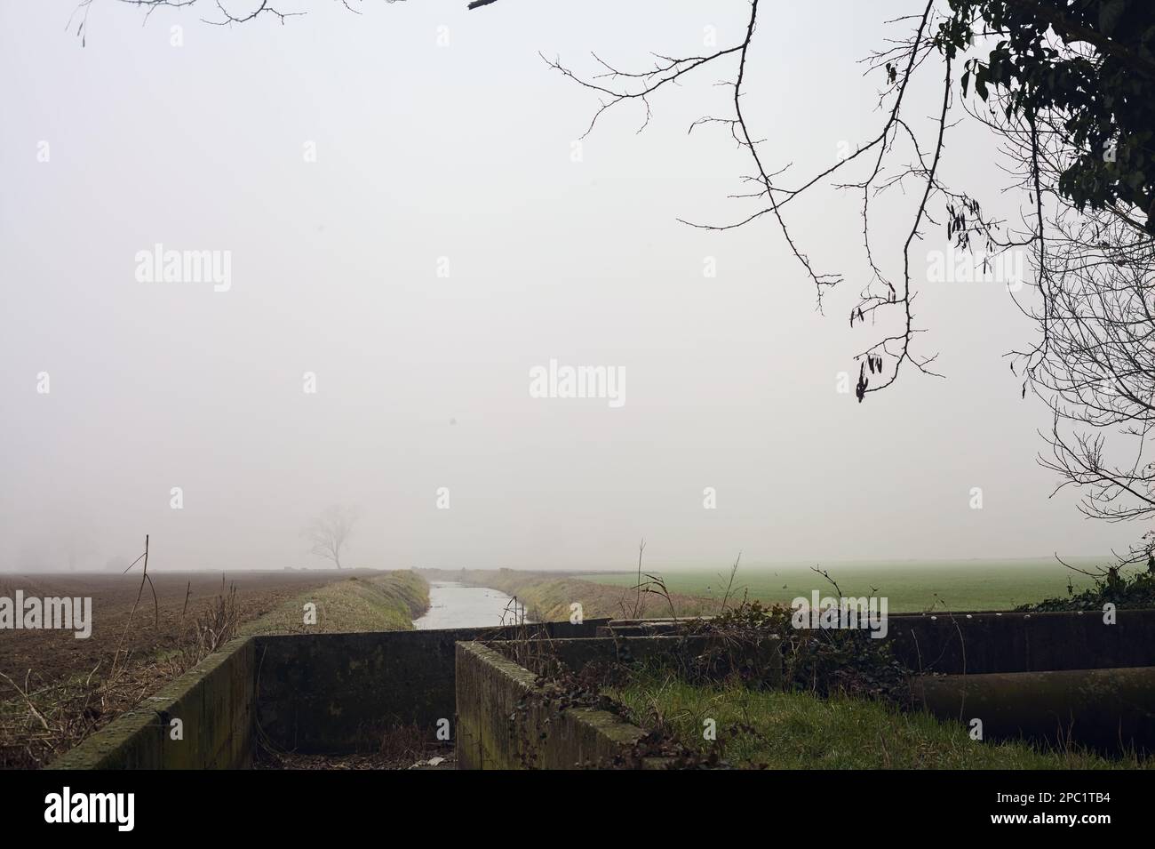 Dry irrigation channel and a stream of water between field on a foggy ...