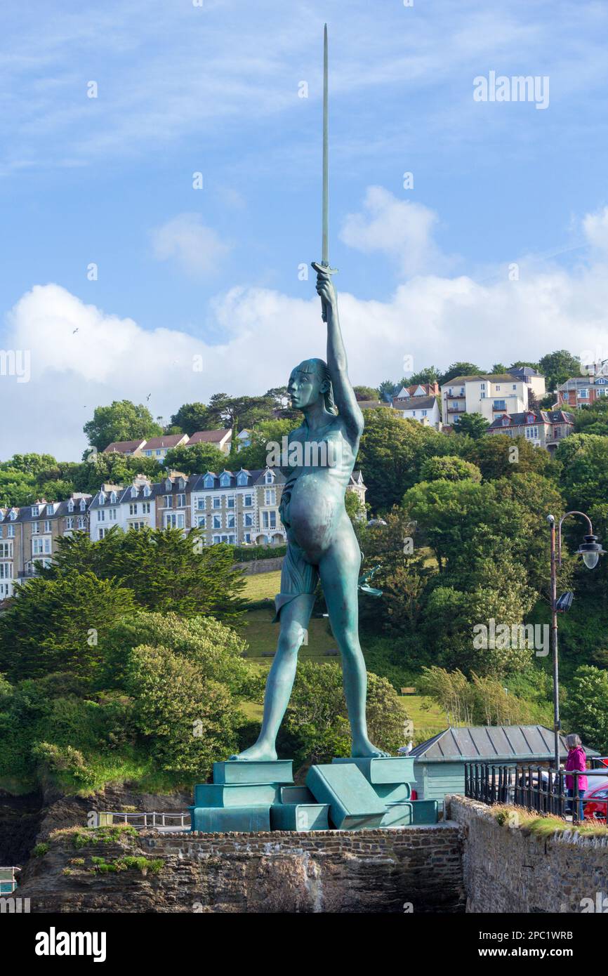 Verity statue by Damien Hirst at Ilfracombe Harbour, North Devon, UK. A ...