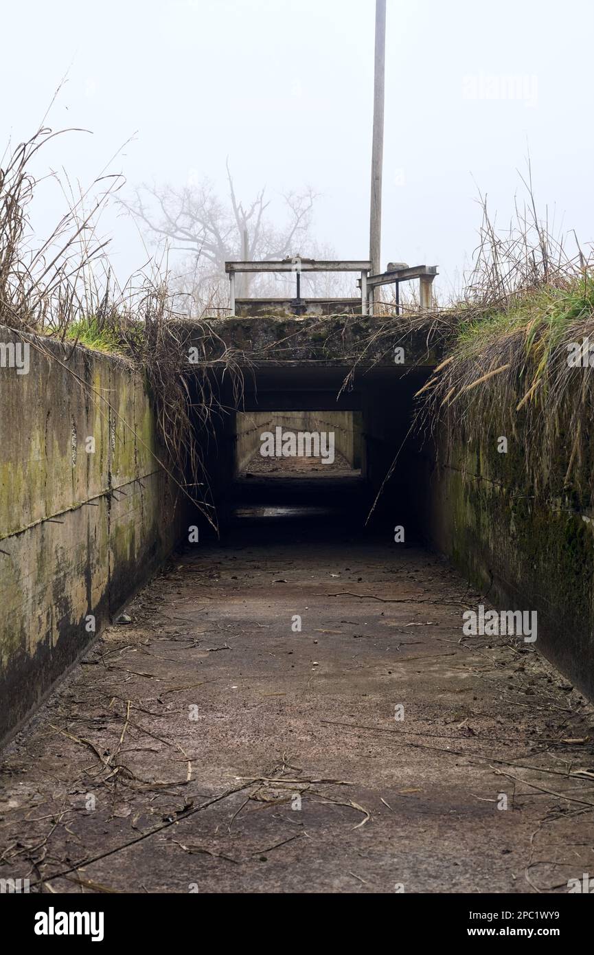 Dry irrigation channel and a rusty weir on a foggy day in the italian ...