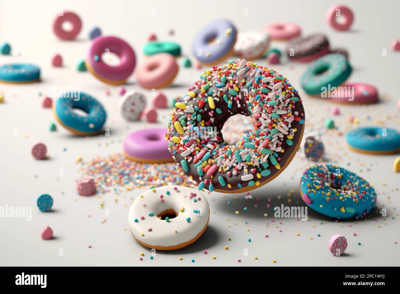 Various colorful donuts. Flying doughnuts scene - mix of multicolored ...