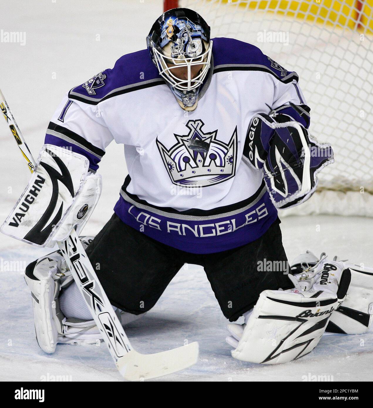 Los Angeles Kings goalie Sean Burke watches a Calgary Flames shot ...