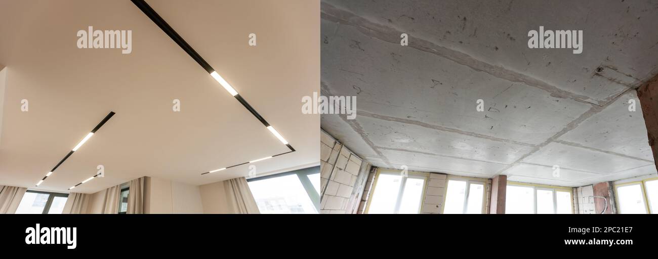 living room renovation, before and after home refurnishment Stock Photo ...