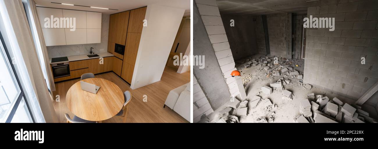 Comparison snapshot of a big beautiful room in a private house before ...