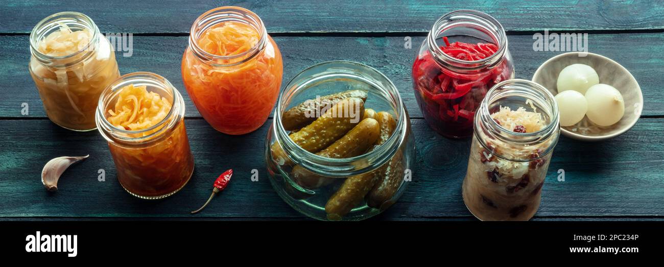 Fermented food variety panorama. Homemade vegetable preserves ...
