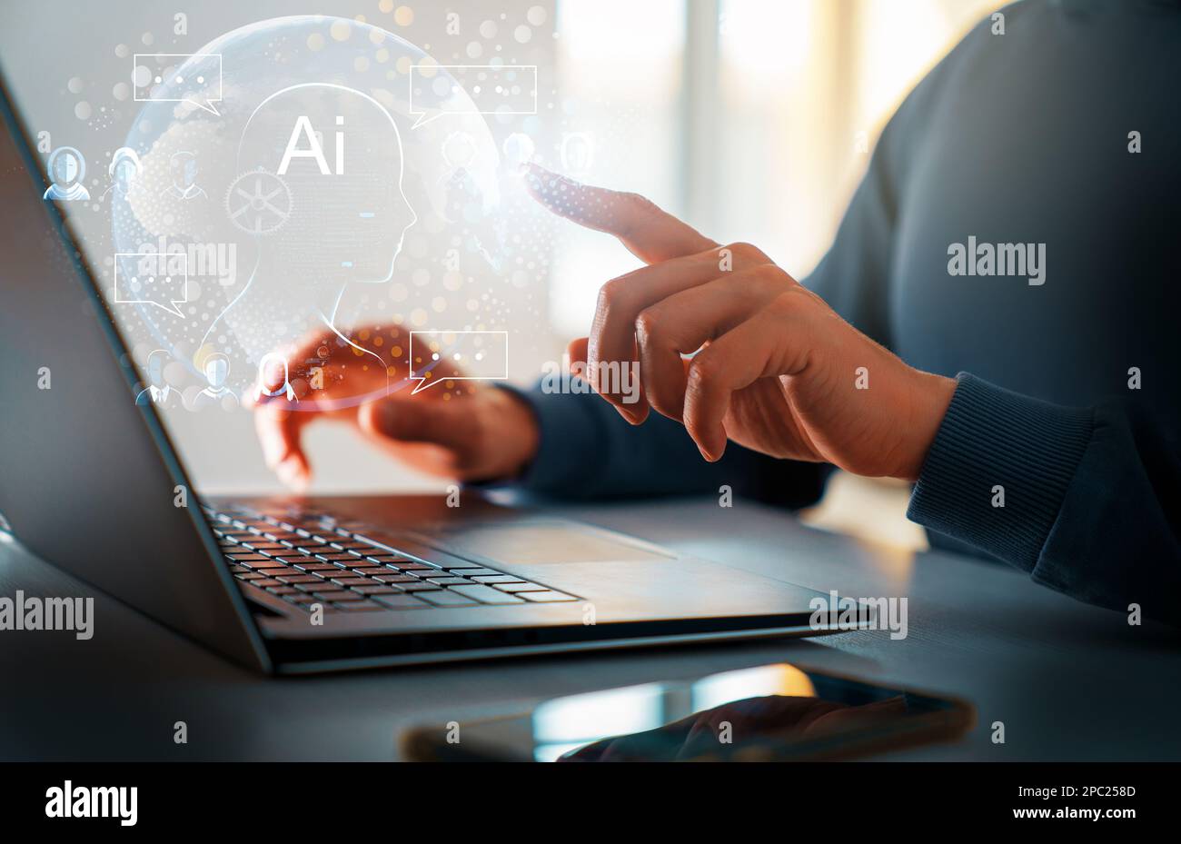 Computer and hands close up. The concept of artificial intelligence and ...
