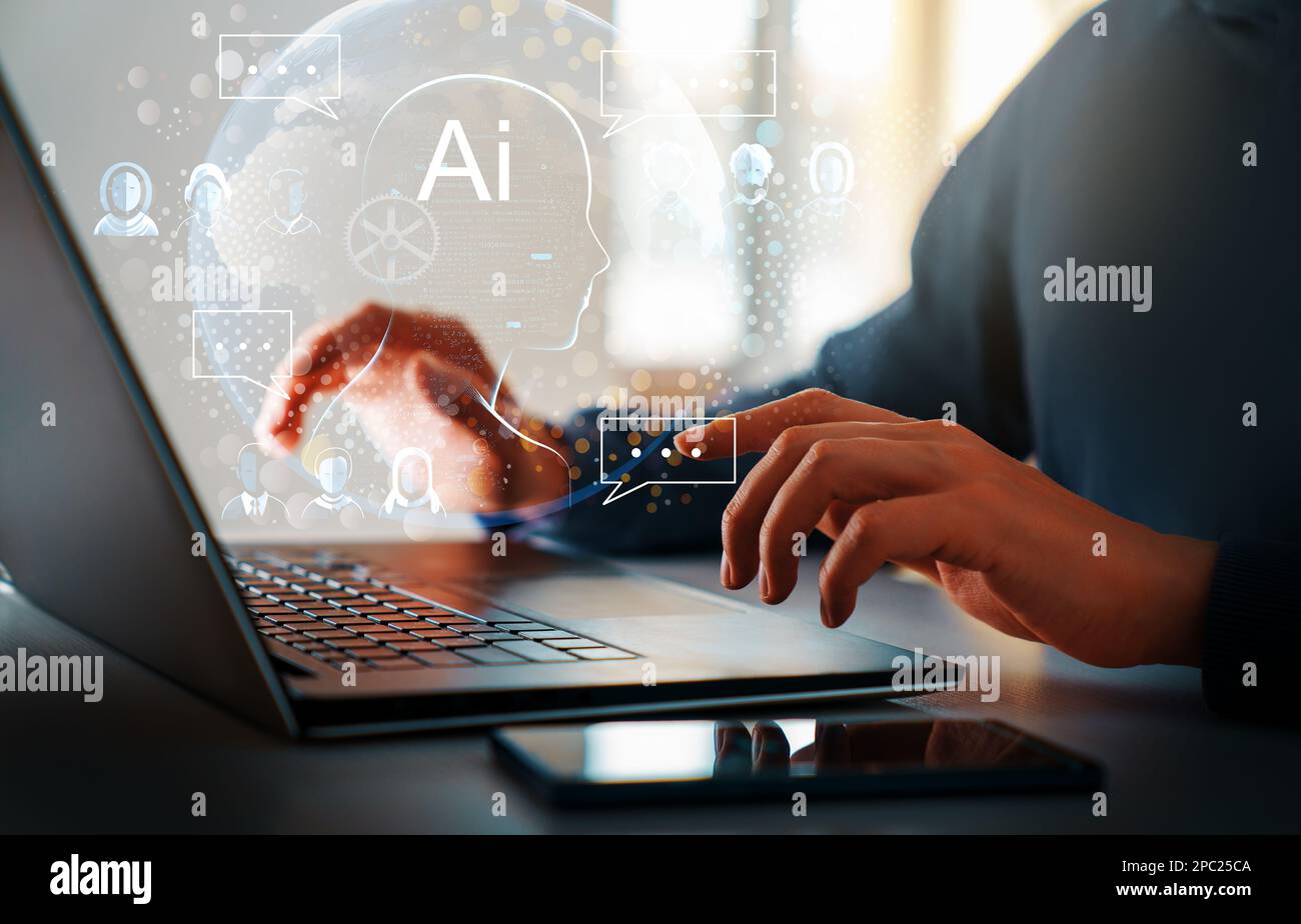 Computer and hands close up. The concept of artificial intelligence and ...