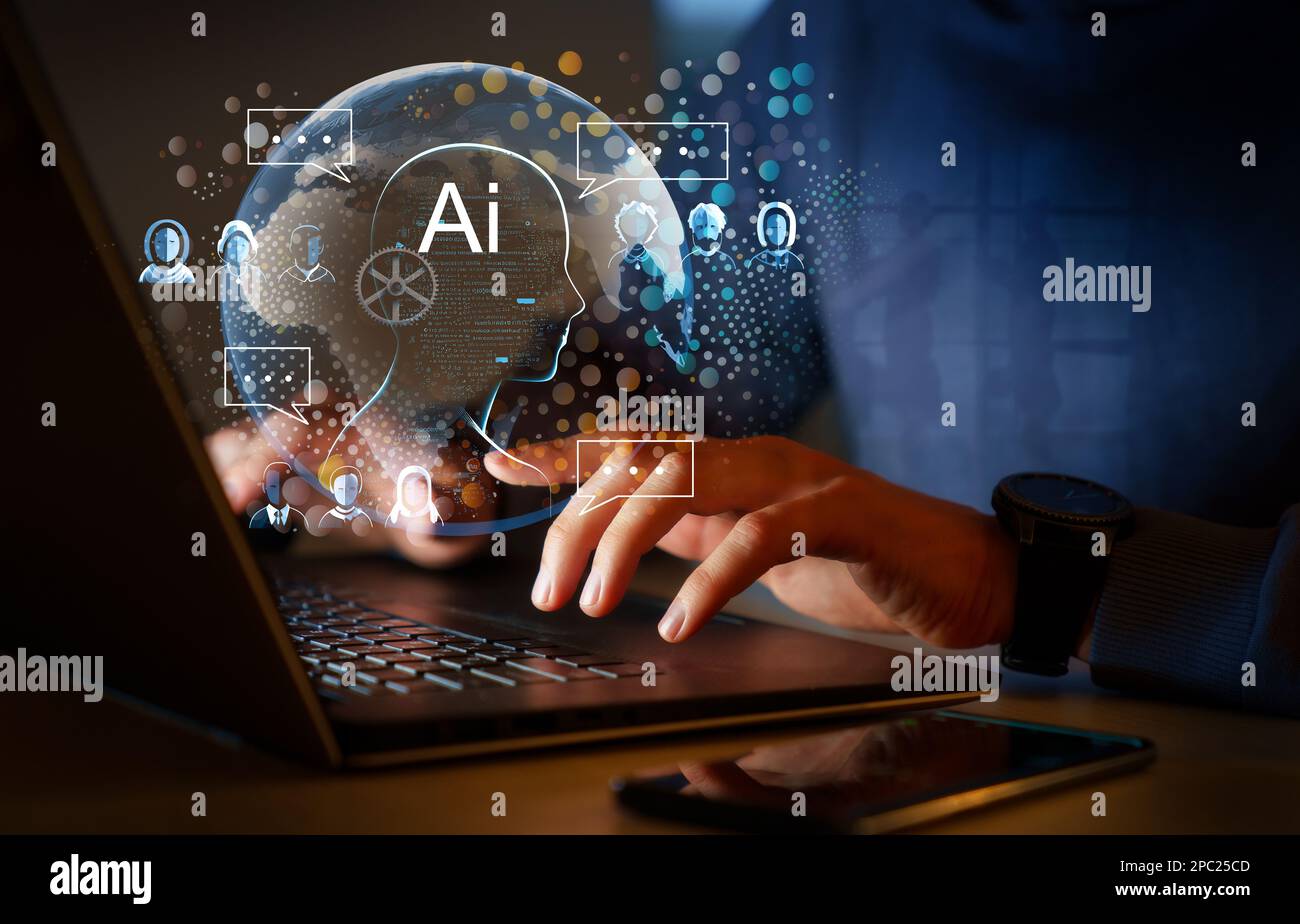 Computer and hands close up. The concept of artificial intelligence and ...