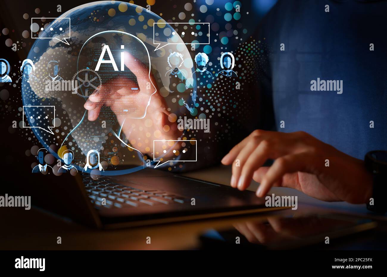 Computer and hands close up. The concept of artificial intelligence and ...