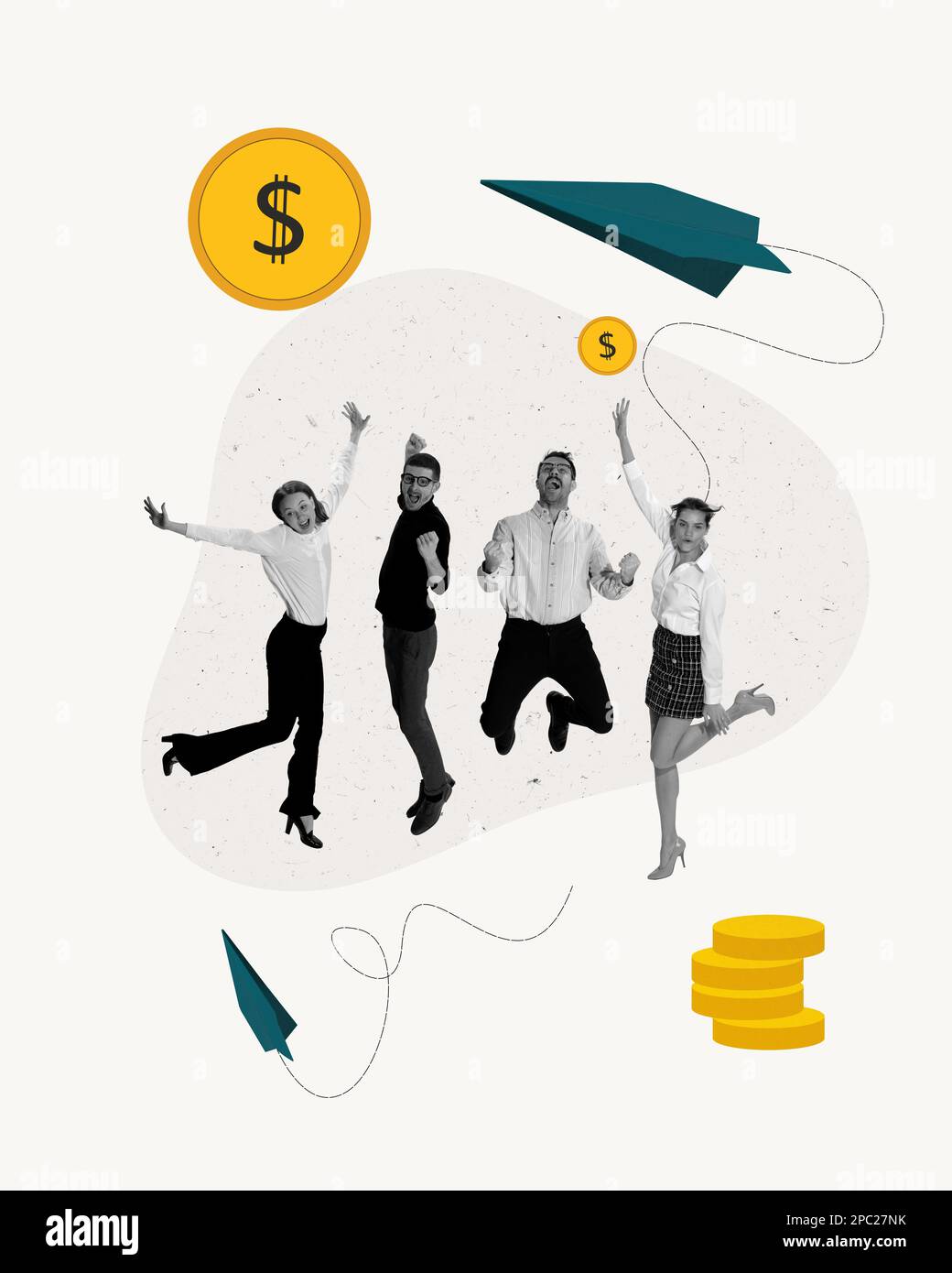 Contemporary art collage. Conceptual design. Employees, workers jumping ...