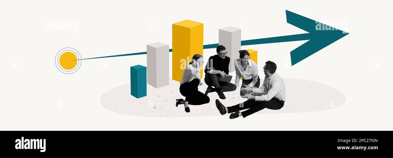 Contemporary art collage. Conceptual design. Employees, workers sitting ...