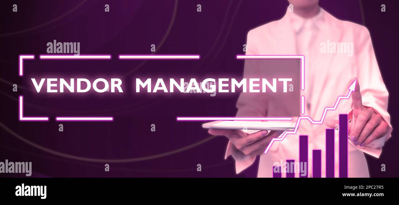 Sign displaying Vendor Management. Business overview activities ...