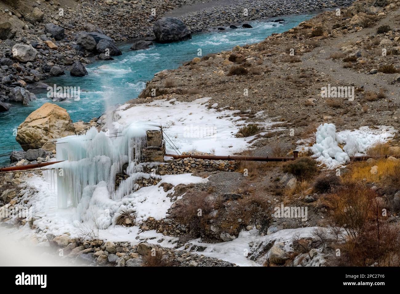 snow and frozen river landscapes of north Pakistan Stock Photo - Alamy