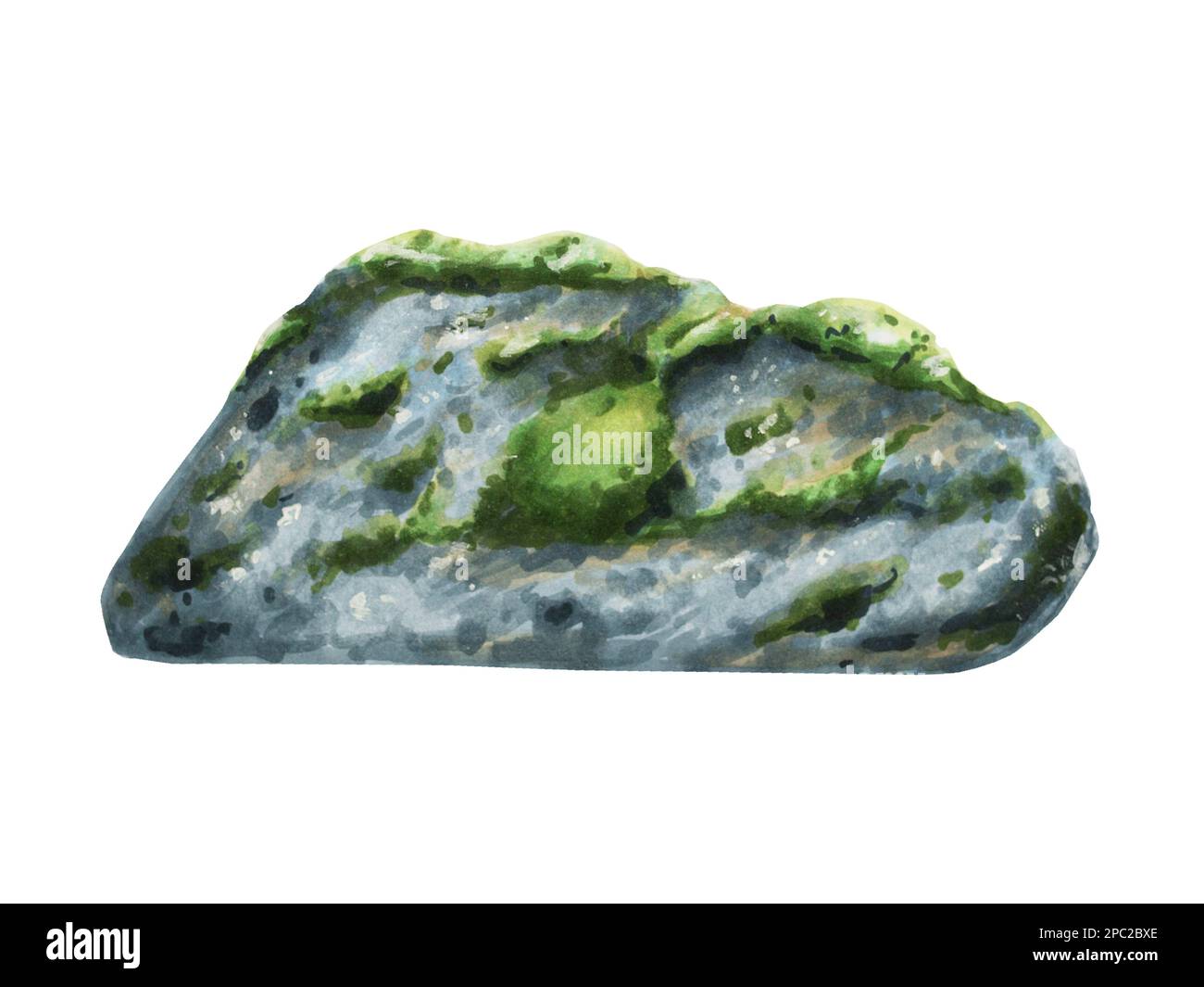Watercolor big stone with moss isolated on white background. For ...