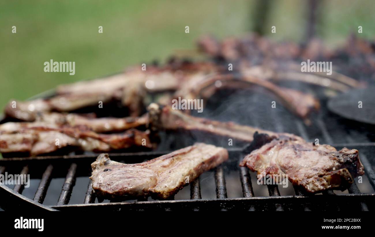 Food on outdoor barbecue grill. Beef and ribs on BBQ with smoke in slow ...