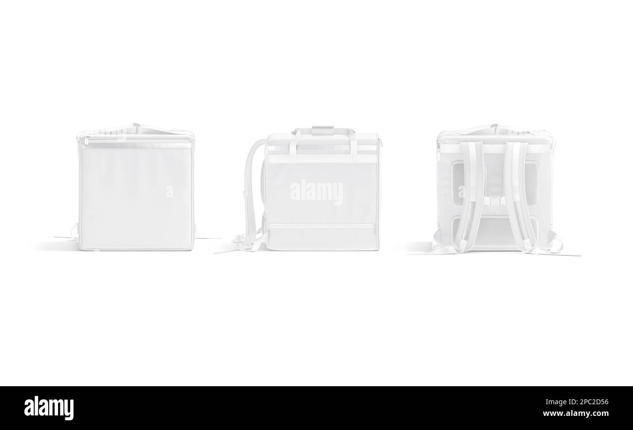 Blank white delivery bag mockup, front, side and back view Stock Photo ...
