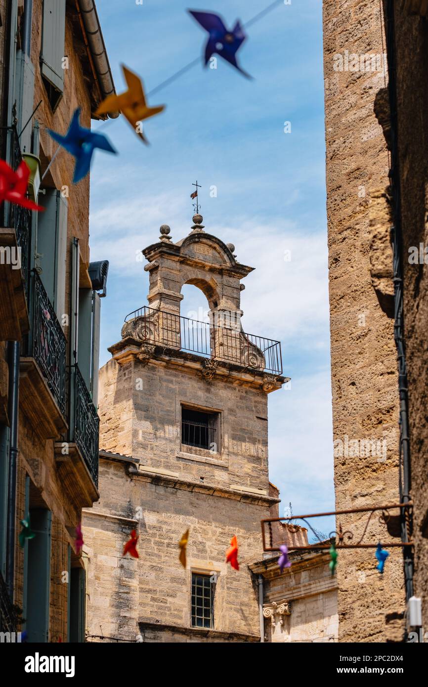 Beautiful medieval house stone facade and colorful garland in the old ...