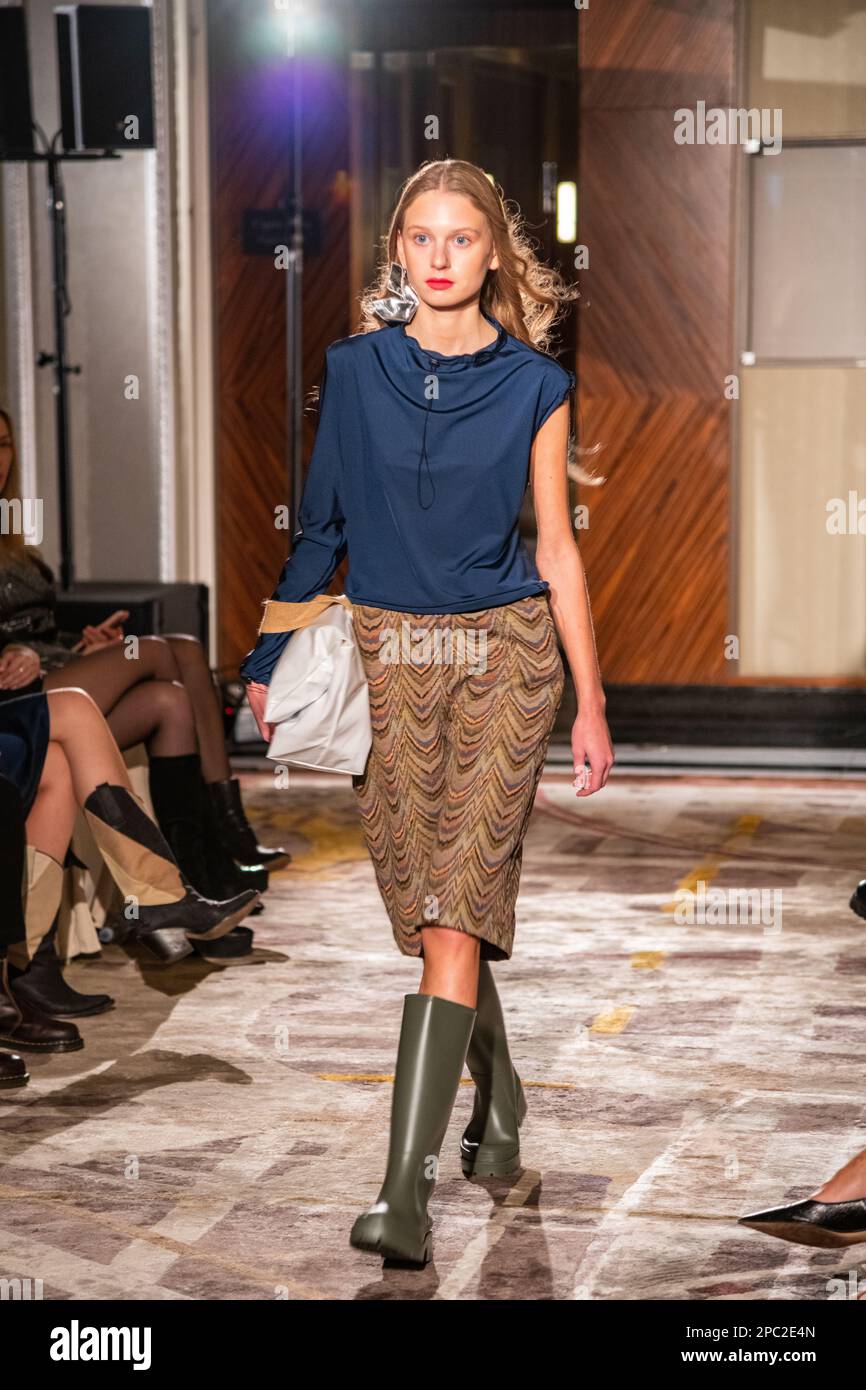 Models posing at Riga Fashion Week event held at Kempinski Grand Hotel ...