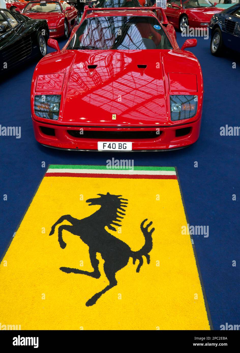 Front view of a red, Ferrari F40, on display at the 2023 London Classic ...