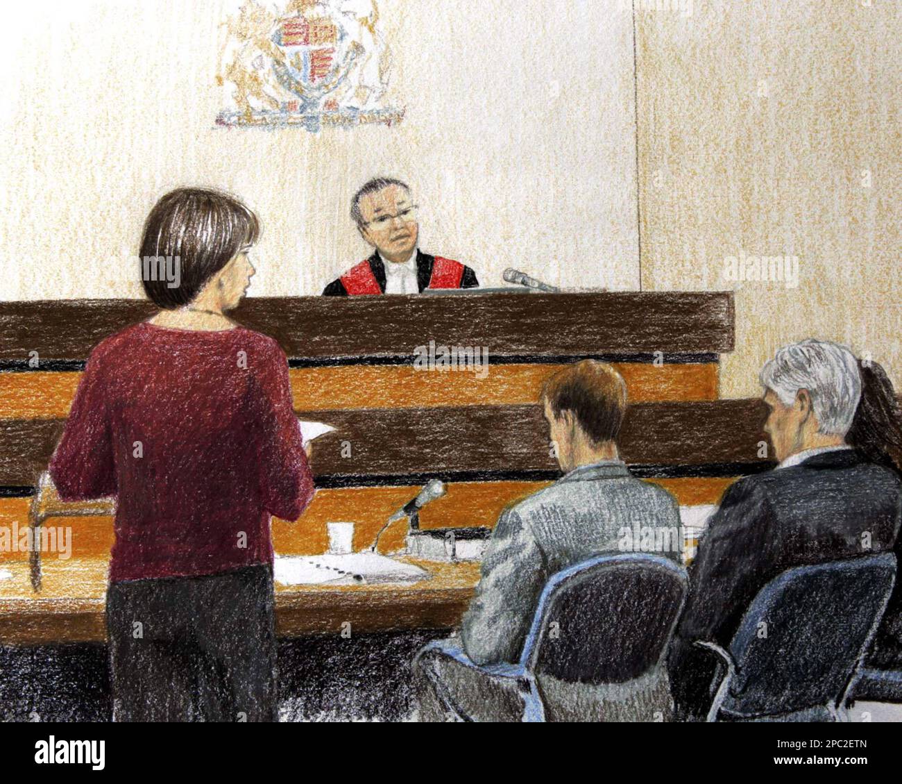 Judge Mark Takahashi is shown in an artist's sketch as he listens to ...