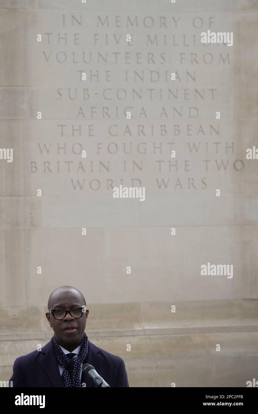 BBC News presenter Clive Myrie speaks before laying a wreath during the ...