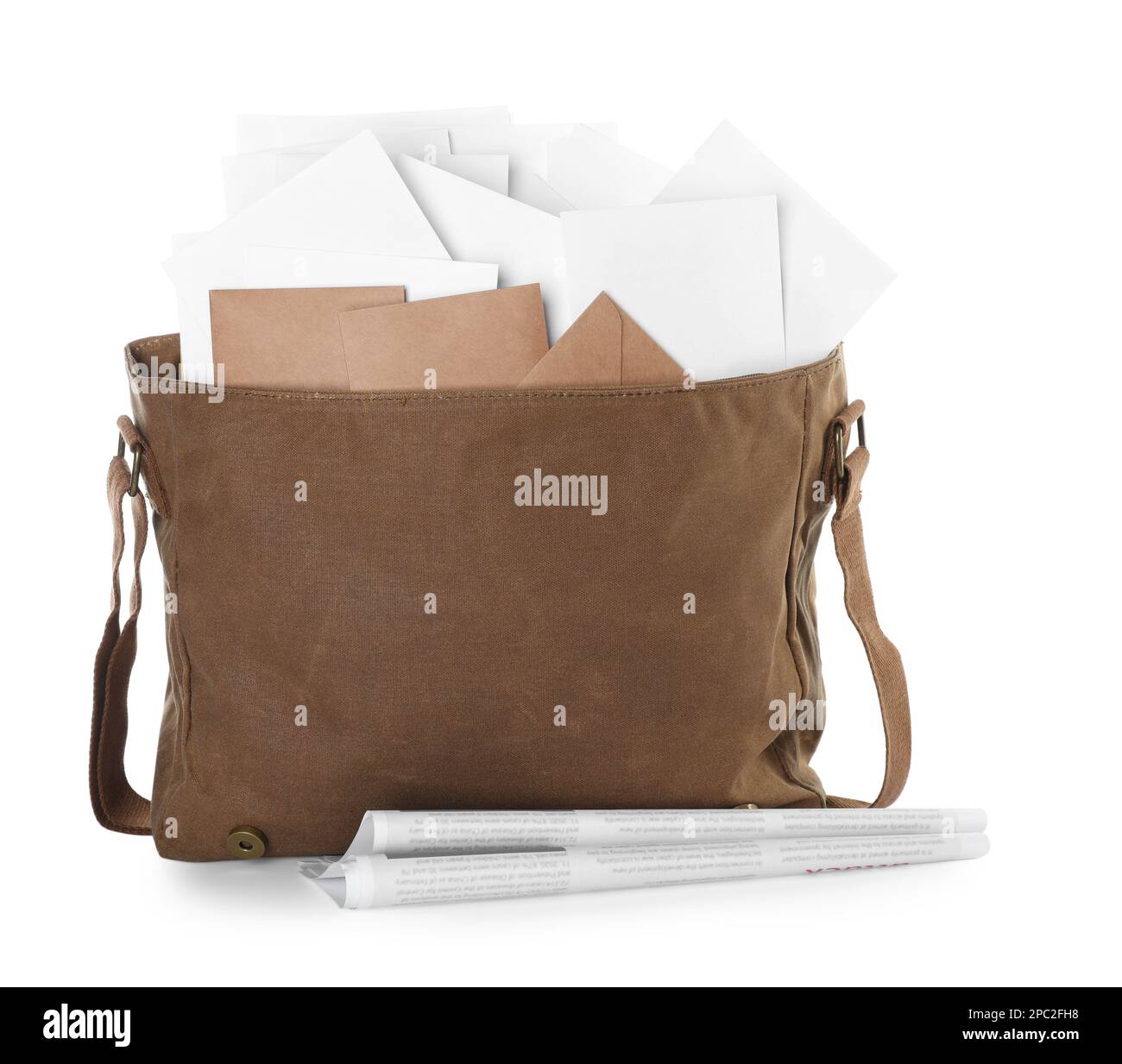 Brown postman bag with mails and newspapers on white background Stock ...