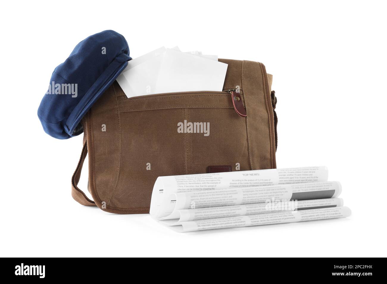 Brown postman bag with mails, newspapers and hat on white background ...