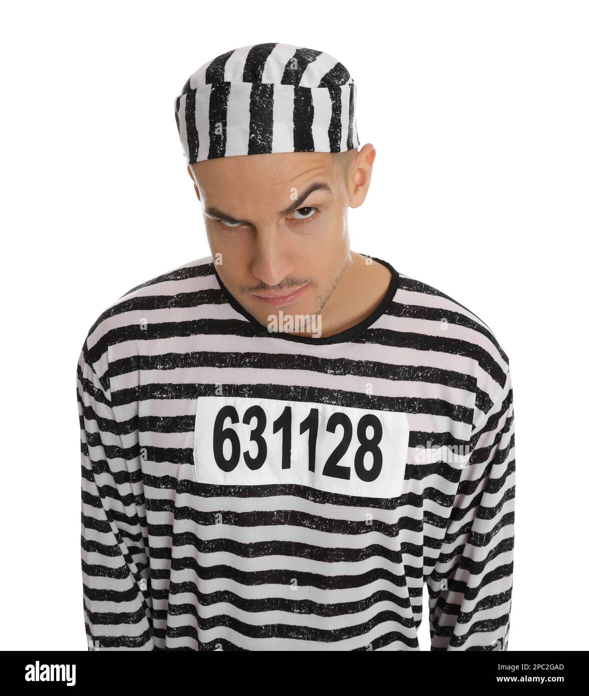 Prisoner in striped uniform on white background Stock Photo - Alamy