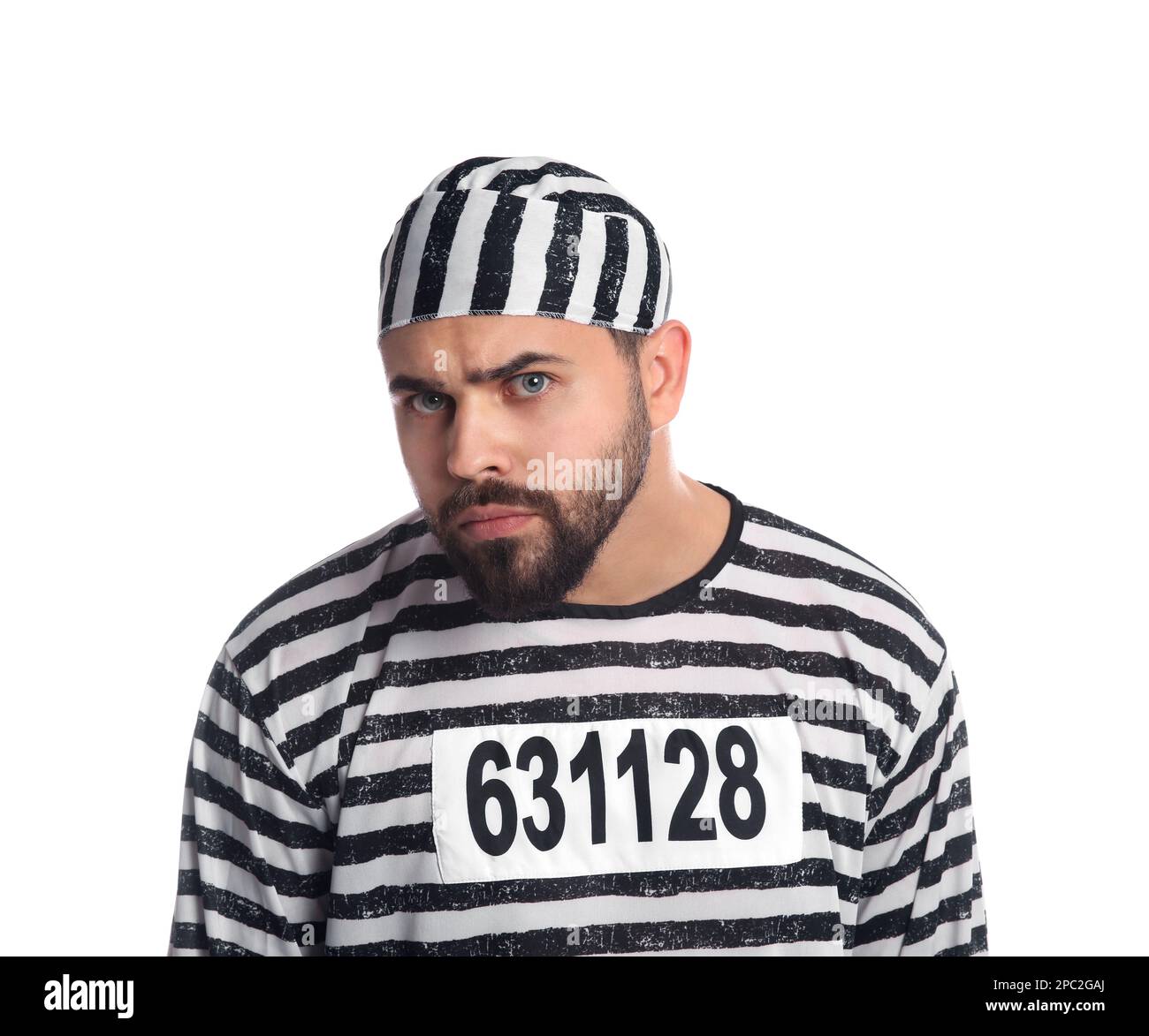 Prisoner in special uniform on white background Stock Photo - Alamy