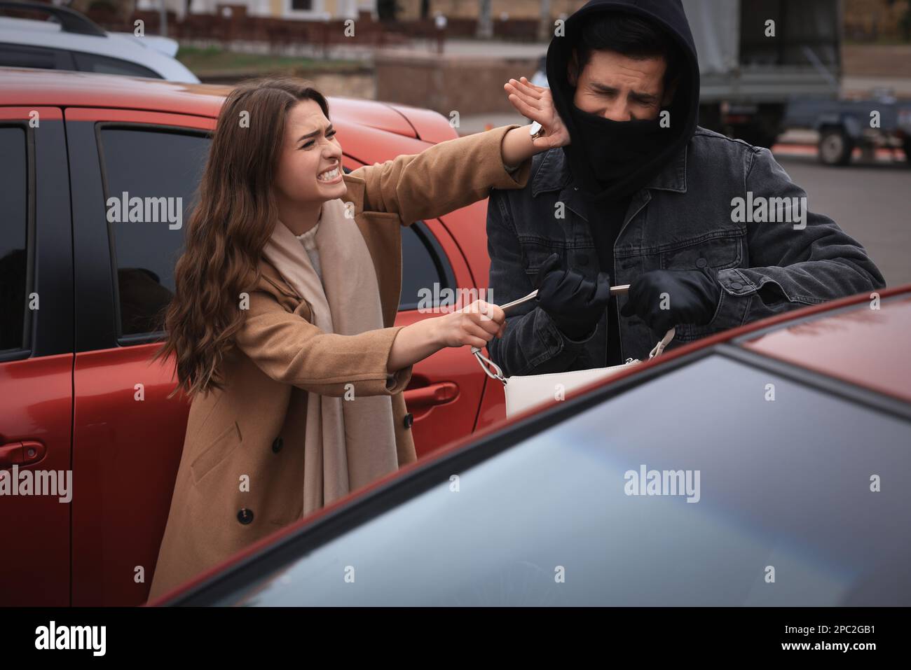 Woman Fighting With Thief While He Trying To Steal Her Bag On Parking