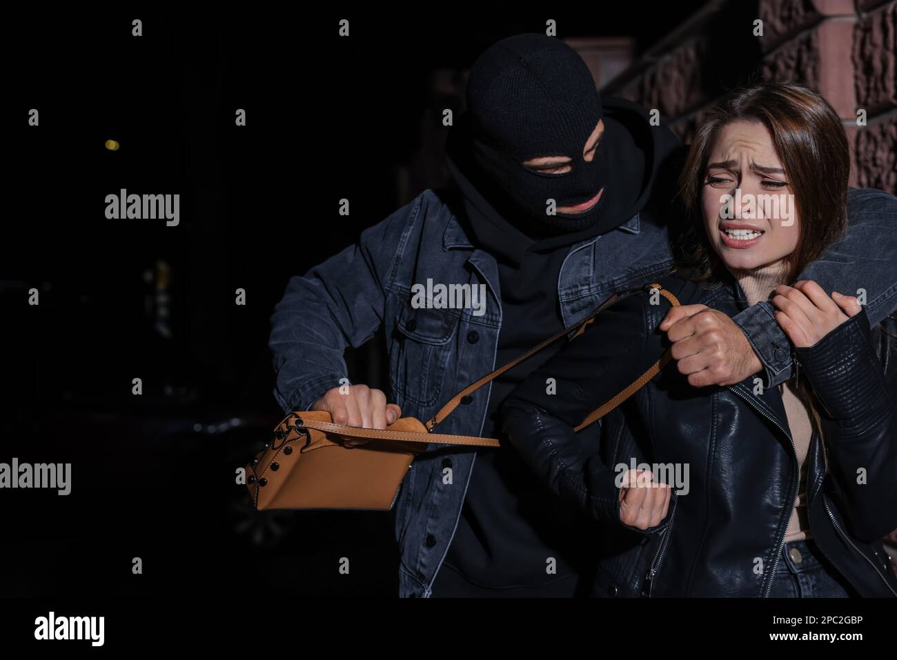 Woman Fighting With Thief While He Trying To Steal Her Bag Outdoors At