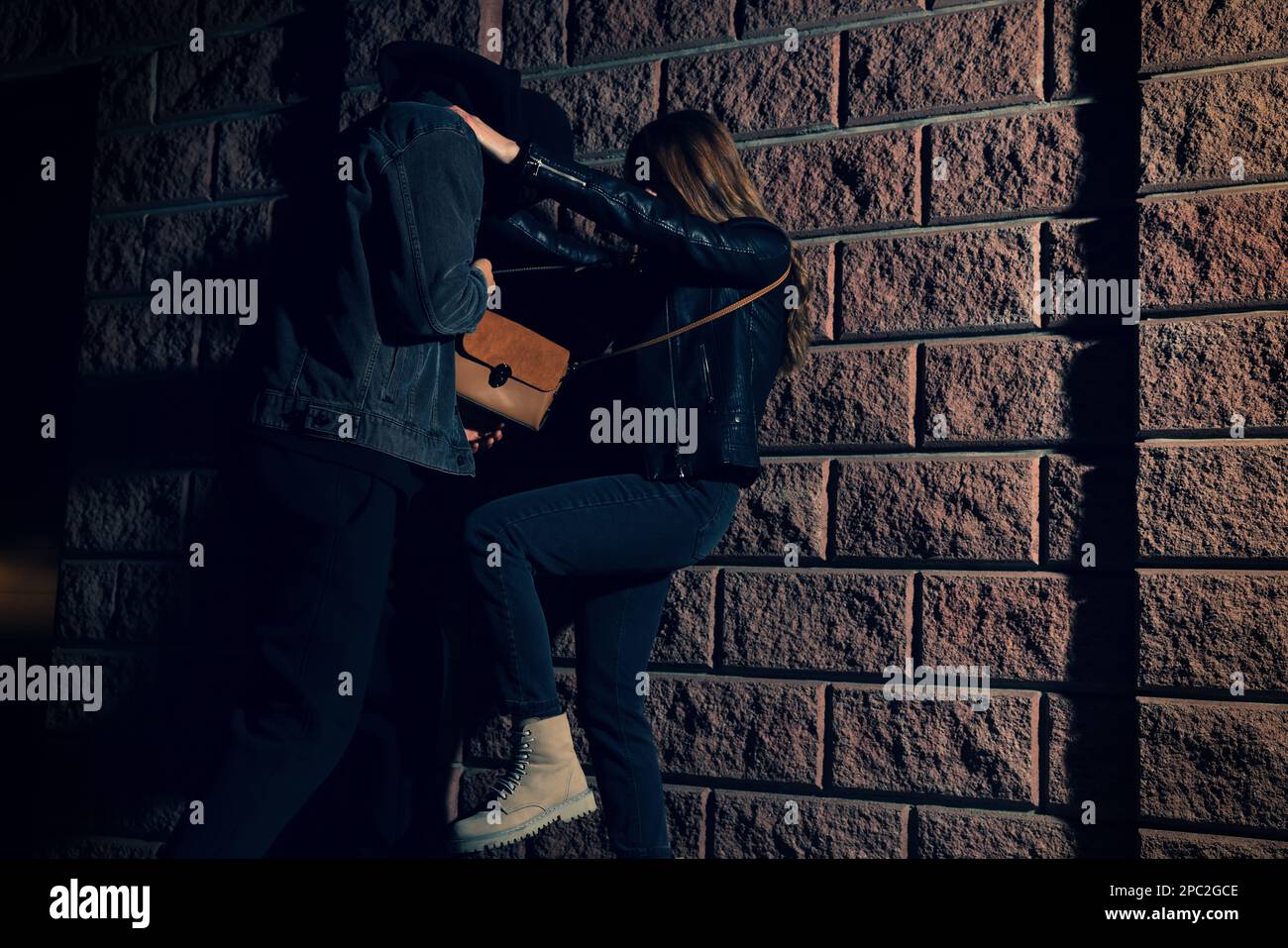 Woman Fighting With Thief While He Trying To Steal Her Bag Outdoors At