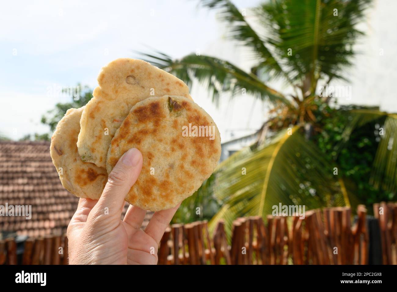 Authentic Sri Lankan three Pol Coconut Roti in hand against backdrop of ...
