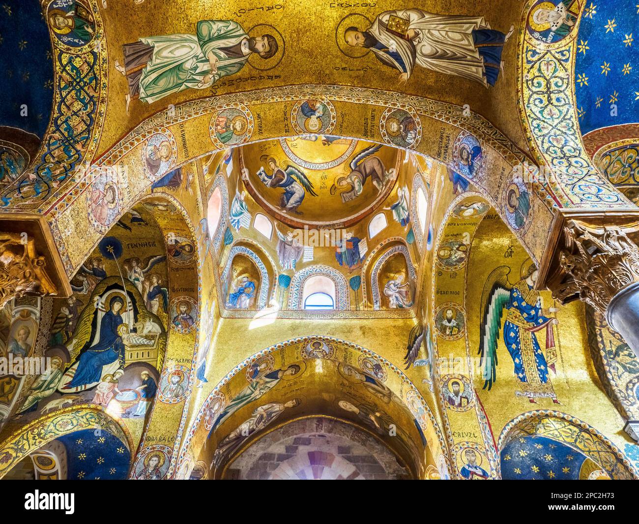 Vault and arches decorated with Byzantine style mosaics in the Church ...